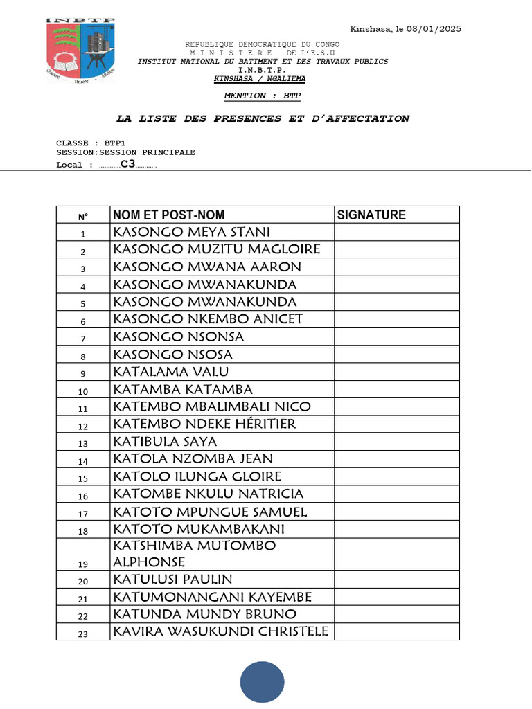 AFFECTATION BTP1 LOCAL C3 SESSION 1 | PDF