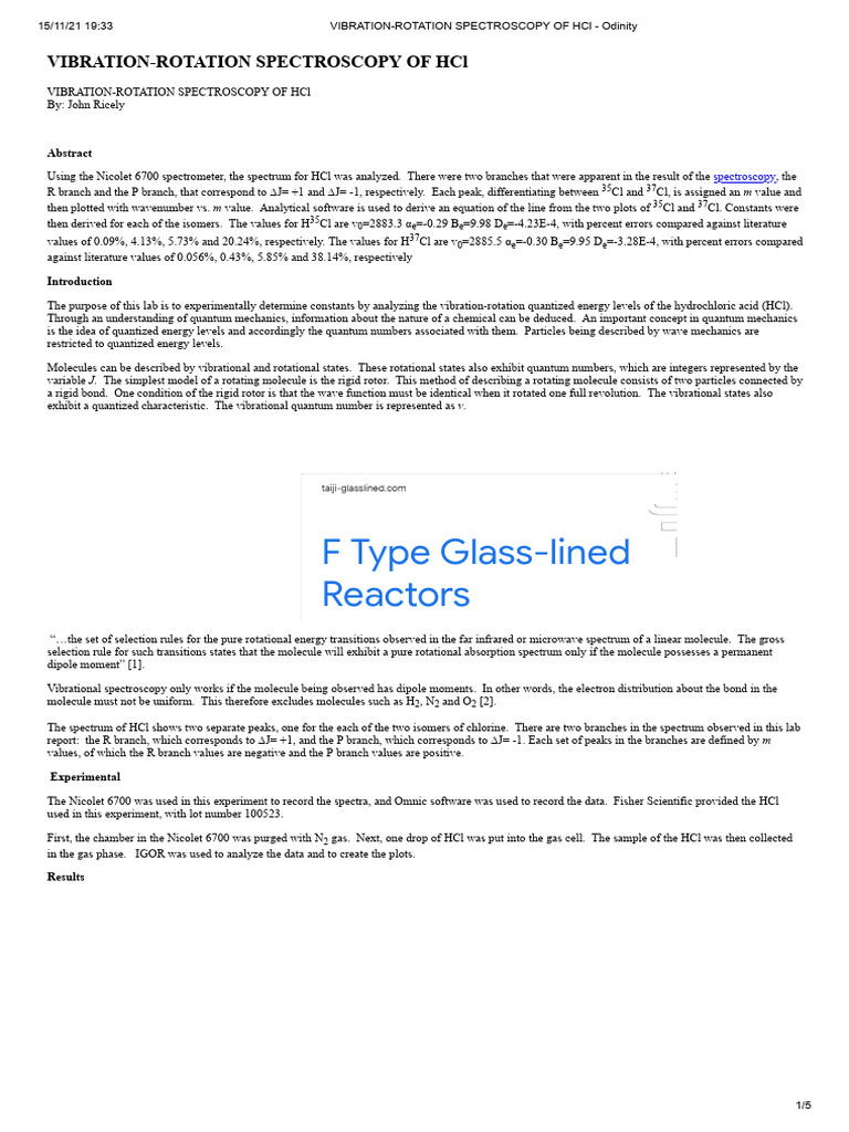 VIBRATION-ROTATION SPECTROSCOPY OF HCL | PDF | Spectroscopy | Molecules