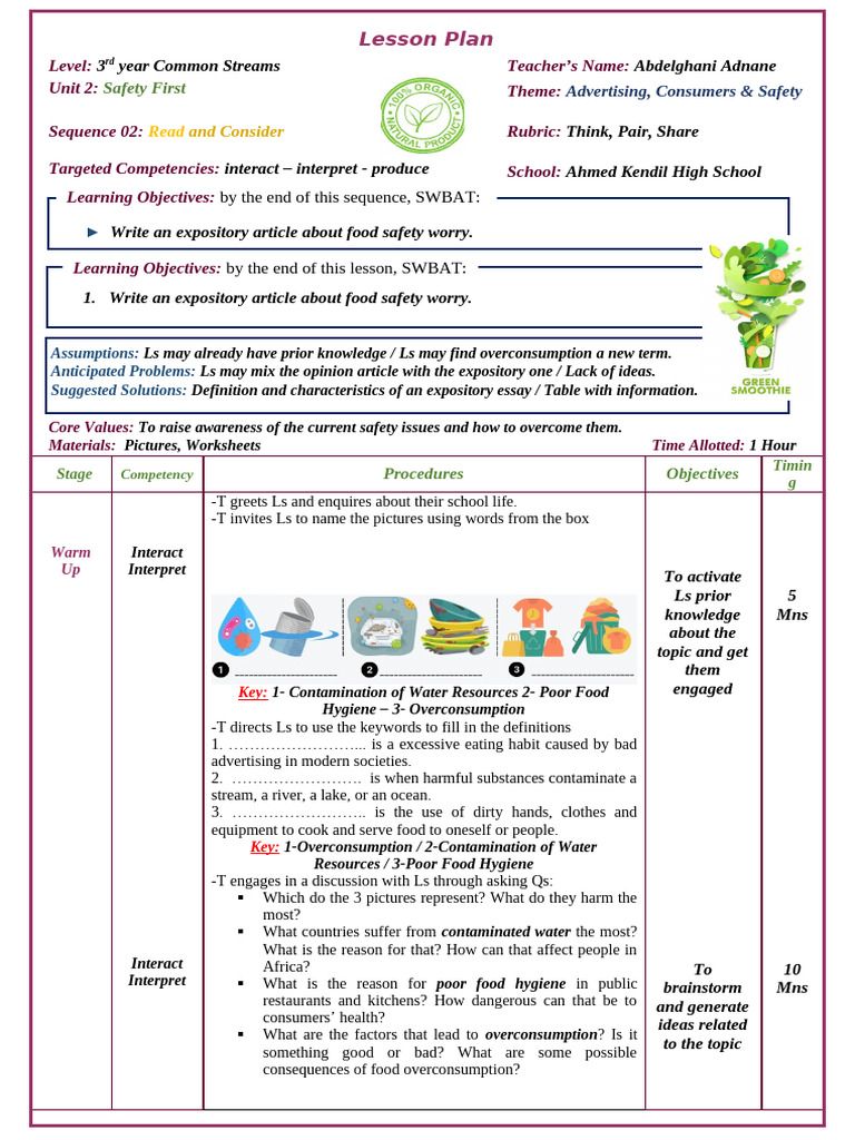 12.think Pair Share Lesson Plan | PDF | Food Safety | Hygiene