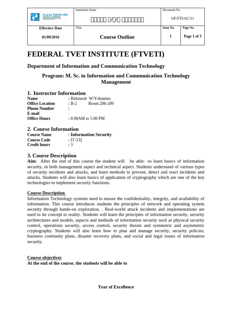 Information Security Course Outline Pdf Security Computer Security
