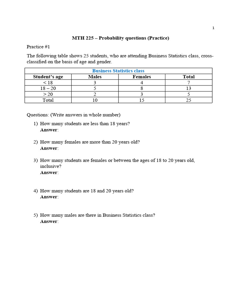 MTH 225 - Probability 2 Practices PDF | PDF
