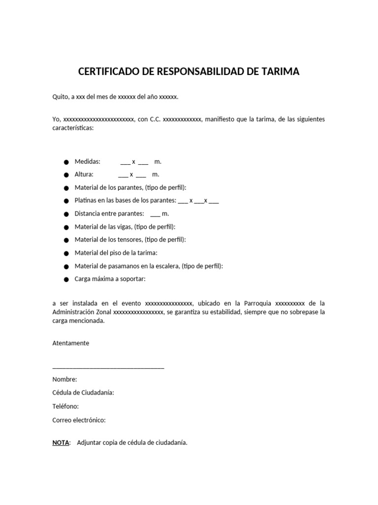 Formato de Certificado Carpas y Tarimas | PDF