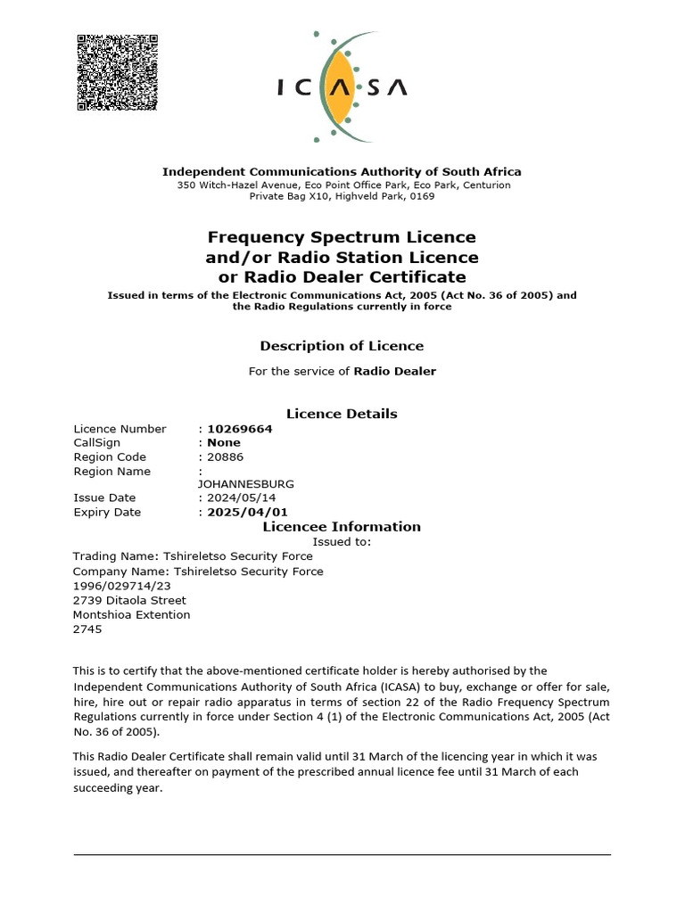 ICASA RFLicenceCertificate | PDF