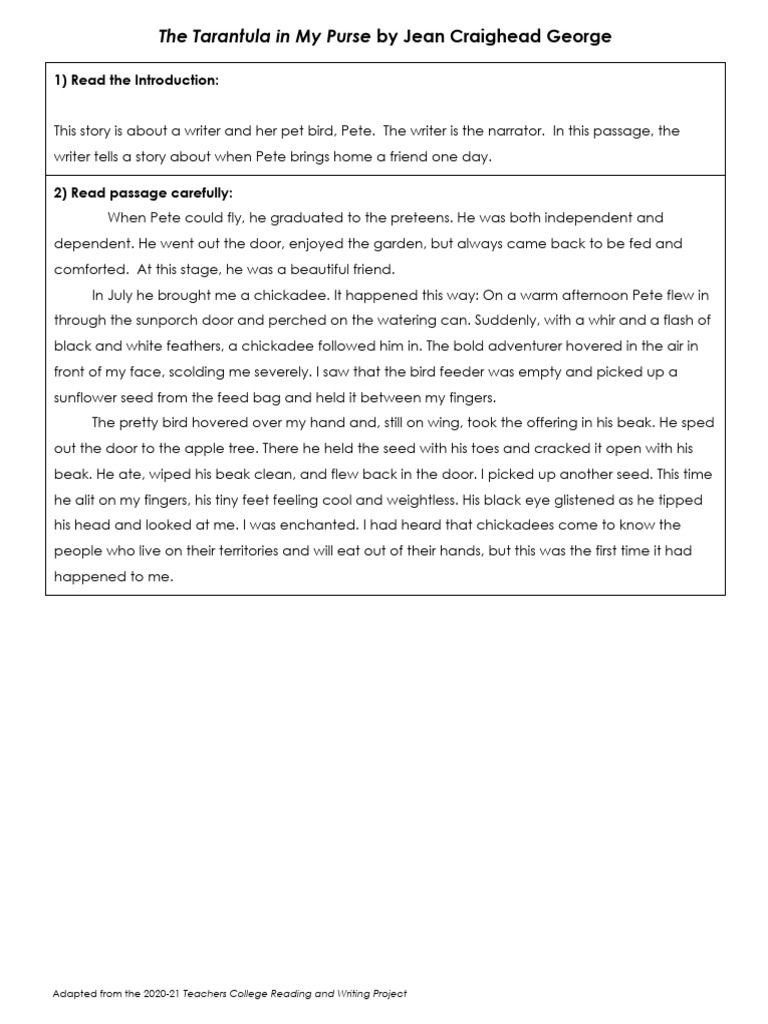 The Tarantula in My Purse Student Form | PDF