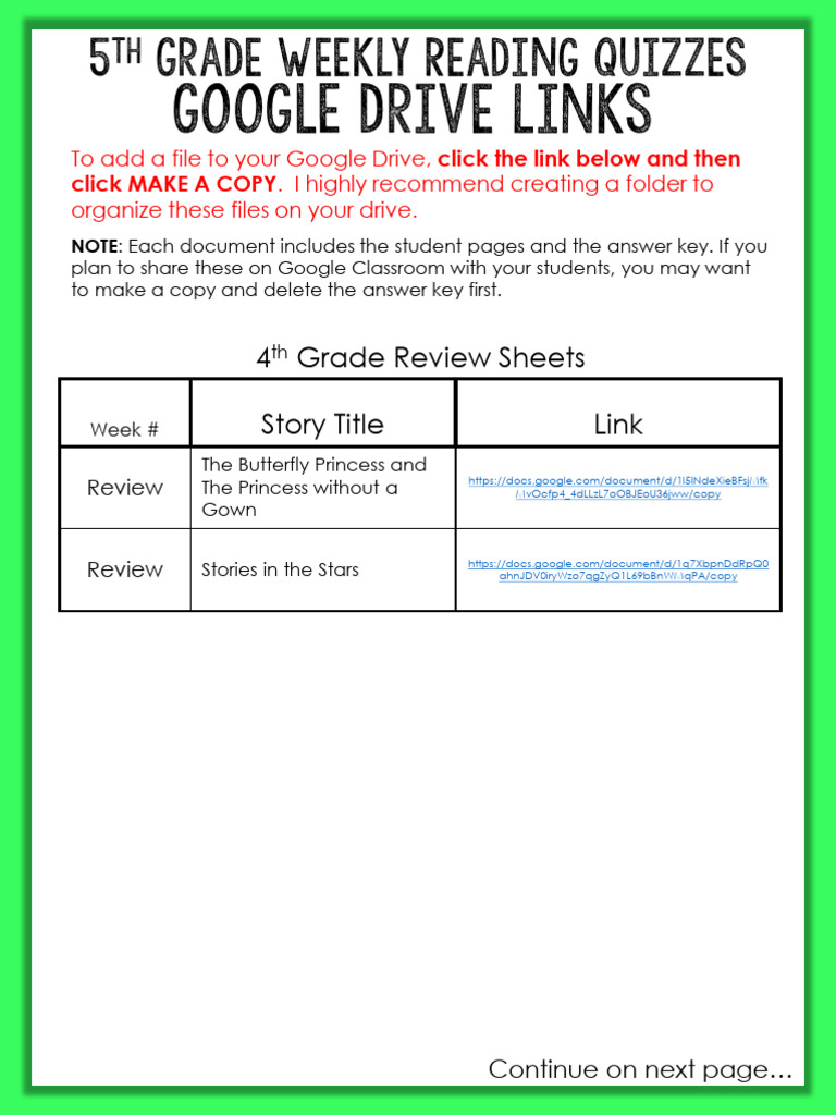 5th Weekly Reading Quizzes GOOGLE Drive Version | PDF