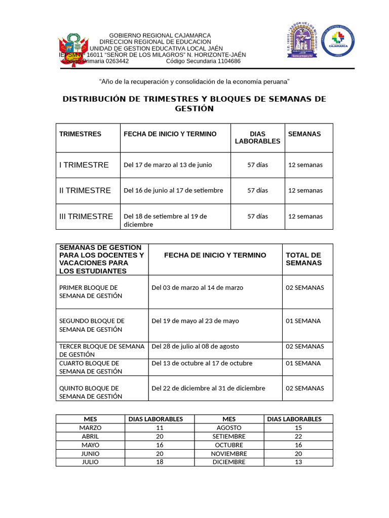 Trimestres y Semanas de Gestión 2025 | PDF