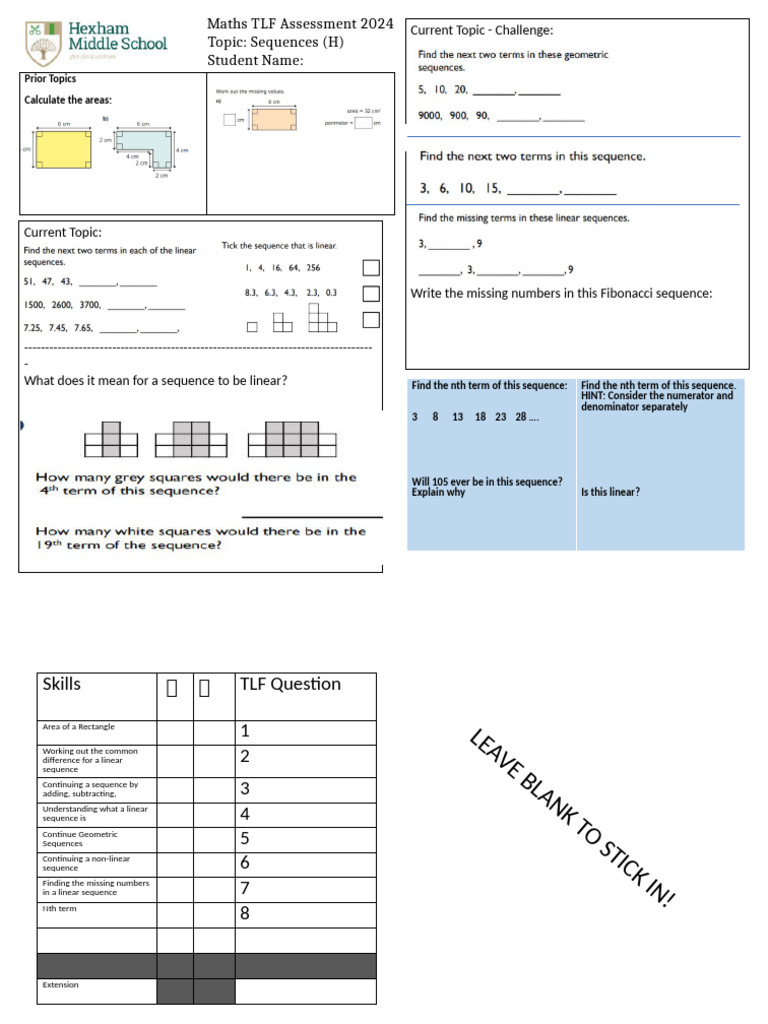 Maths Assessment: Linear Sequences 2024 | PDF | Arithmetic | Mathematics