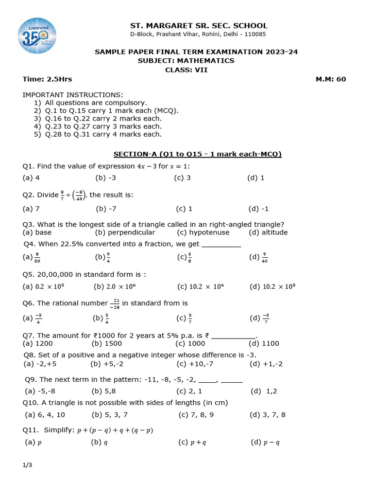 Class 7 Sample Paper Final Term | PDF | Triangle | Euclidean Plane Geometry
