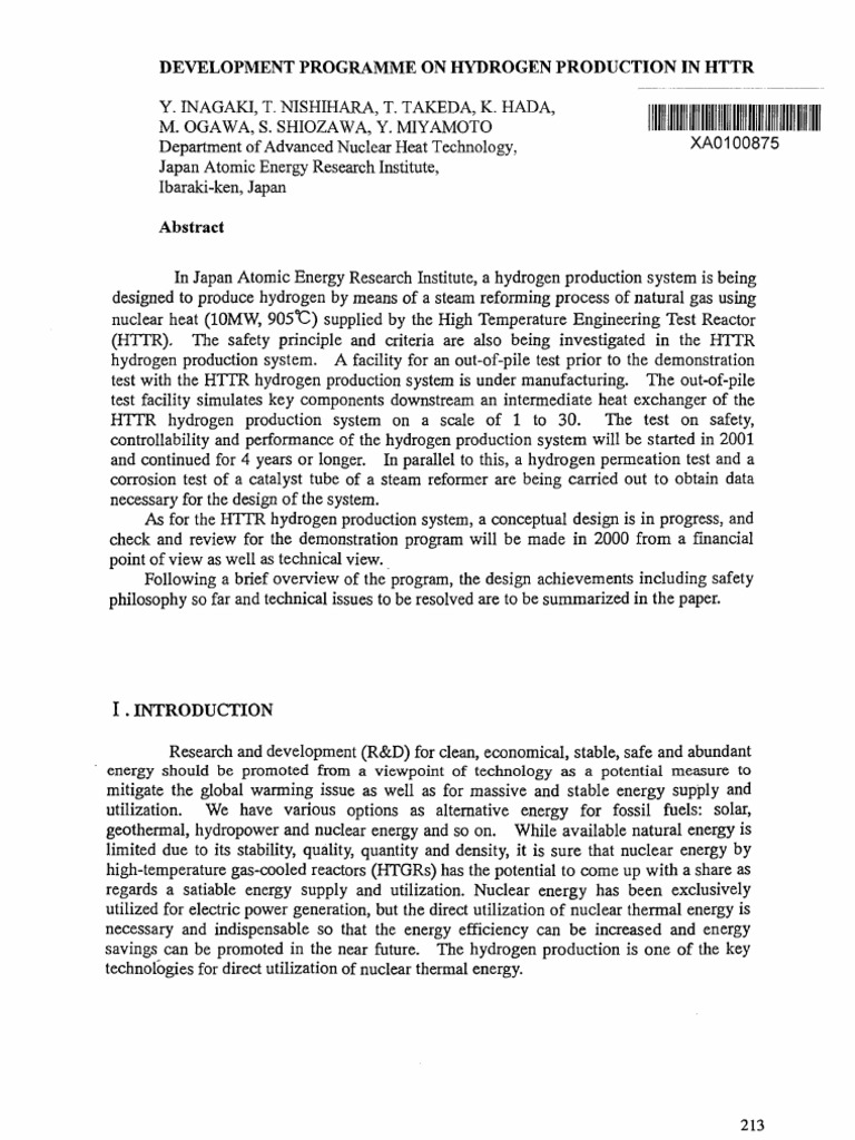 Development Programme On Hydrogen Production in HTTR | PDF | Nuclear ...