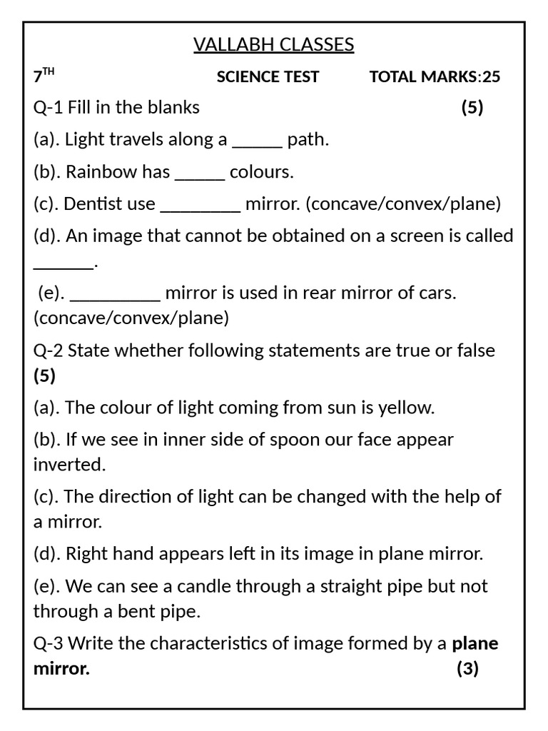 7th Grade Science Test on Light and Mirrors | PDF