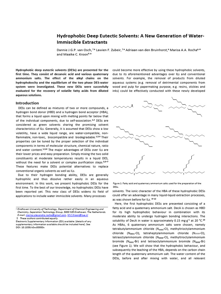 Hydrophobic Deep Eutectic Solvents consisting of a fatty acid and a ...