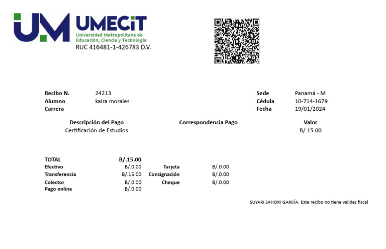 RUC 416481-1-426783 D.V.: 24213 Panamá - M Kaira Morales 10-714-1679 19 ...