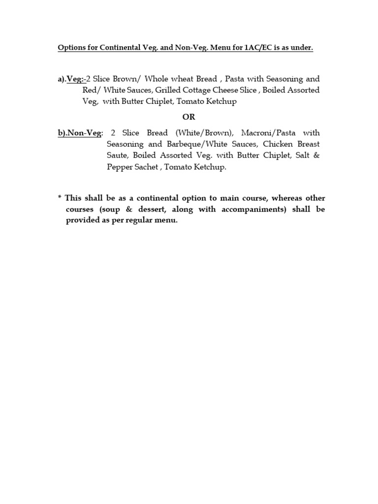 Continental Veg and Non-Veg Menu Options | PDF