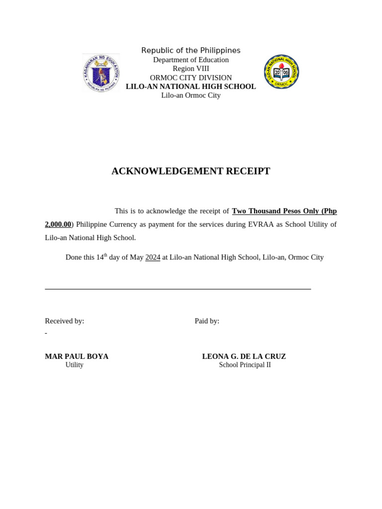 Acknowledgment Receipt for Payment | PDF