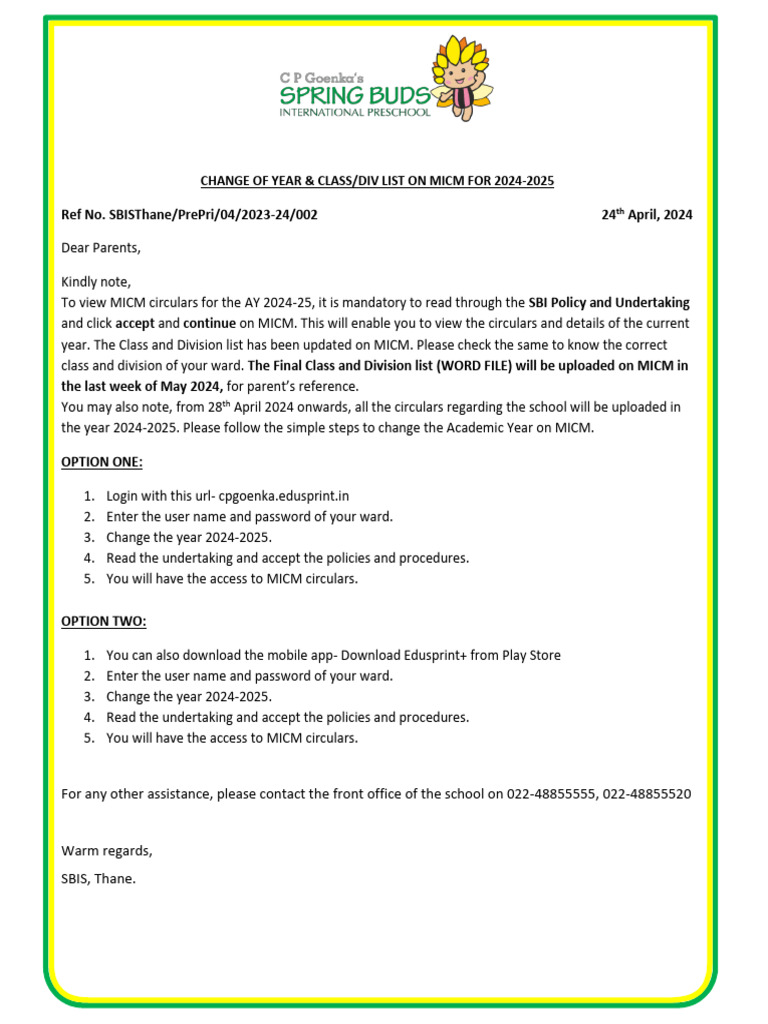 SBIS Change of Year Class Division List 24-25 | PDF