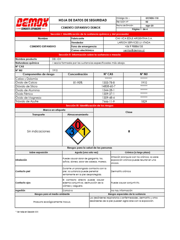 Cemento Expansivo DEMOX® HDS | PDF | Agua | Dióxido de carbono