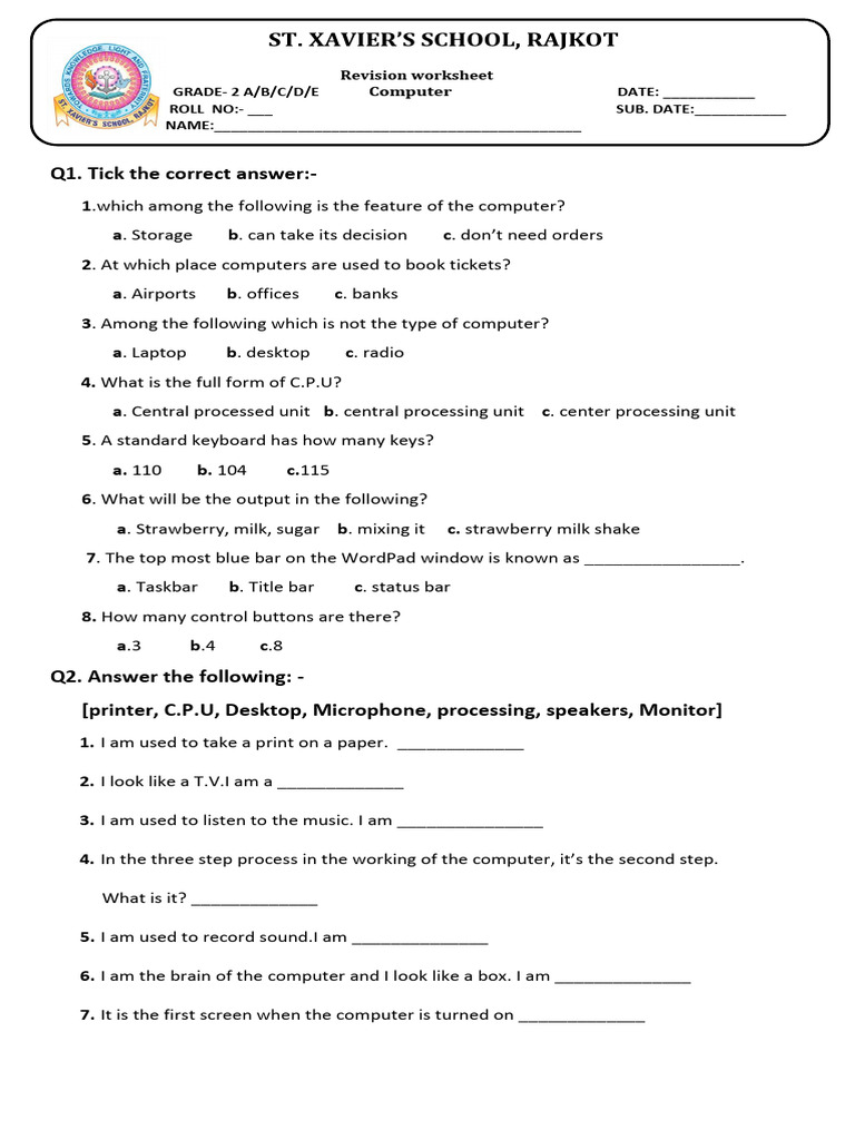 1 2625 Gr - 2 Computer Revision Worksheet | PDF | Software | Computing