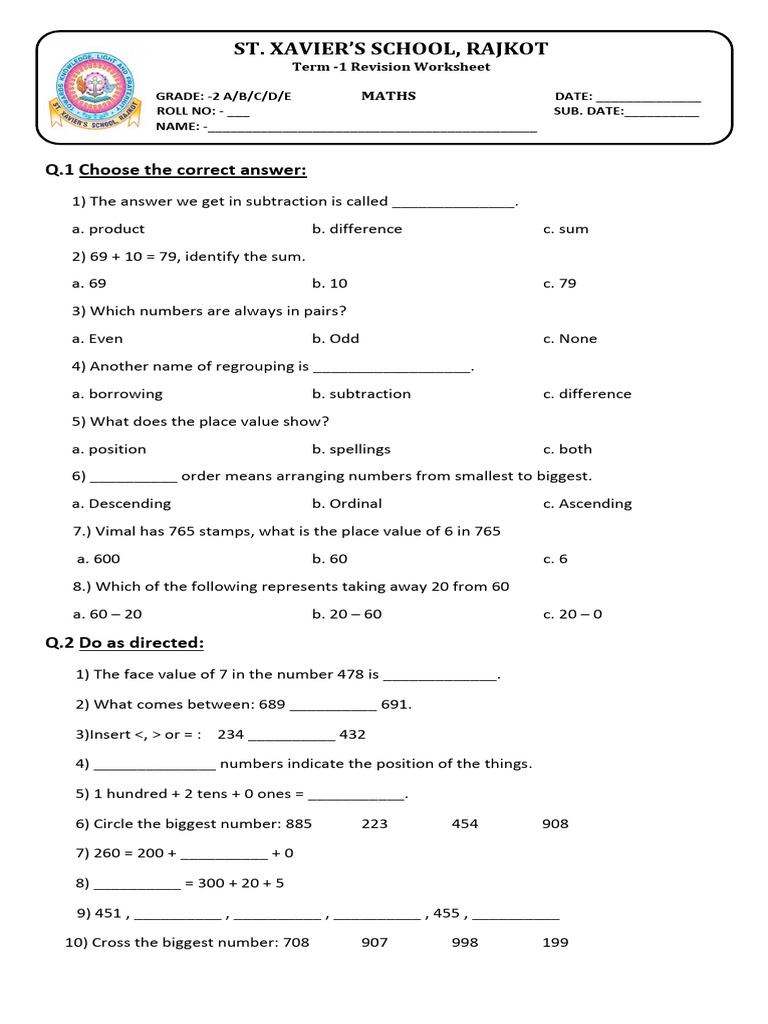 5 2625 Gr - 2 Math Revision Worksheet | PDF | Arithmetic | Mathematics