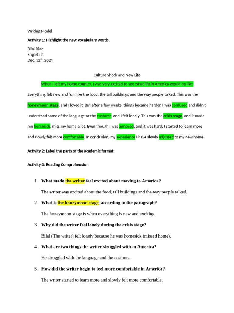 Culture Shock Writing Model | PDF