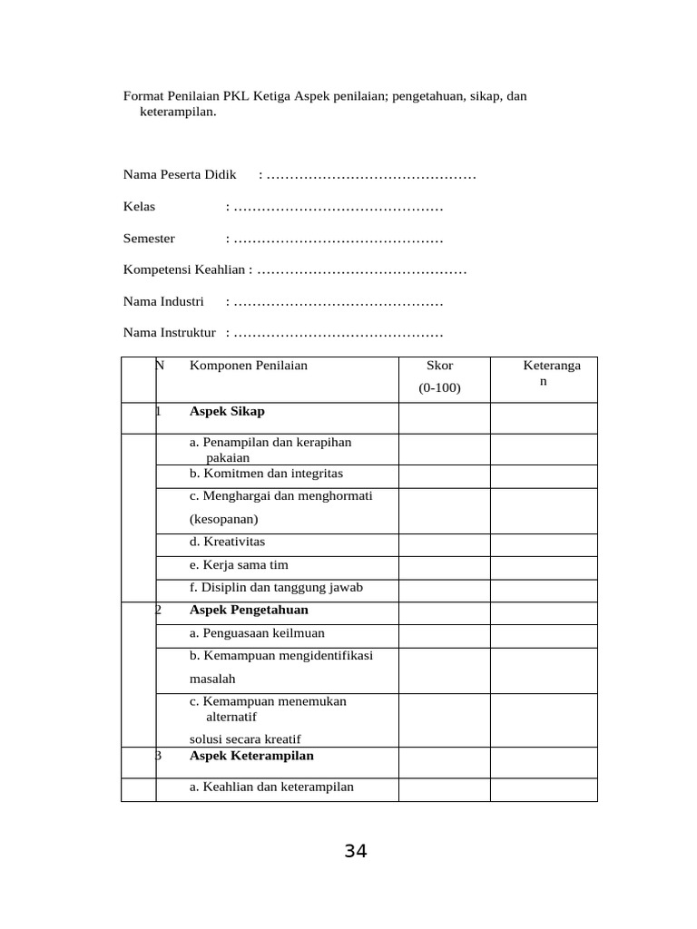 Format Penilaian PKL Ketiga Aspek Penilaian | PDF