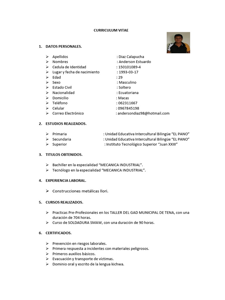 Curriculum Vitae Anderson Diaz | PDF