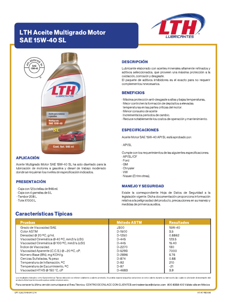 Ficha LTH Aceite Multigrado Motor SAE 15W-40 SL 2023 | PDF