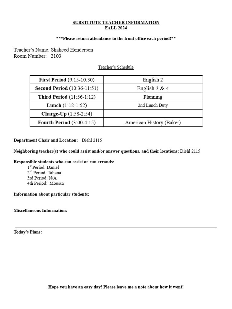 Shaheed Henderson Sub Plans Template | PDF