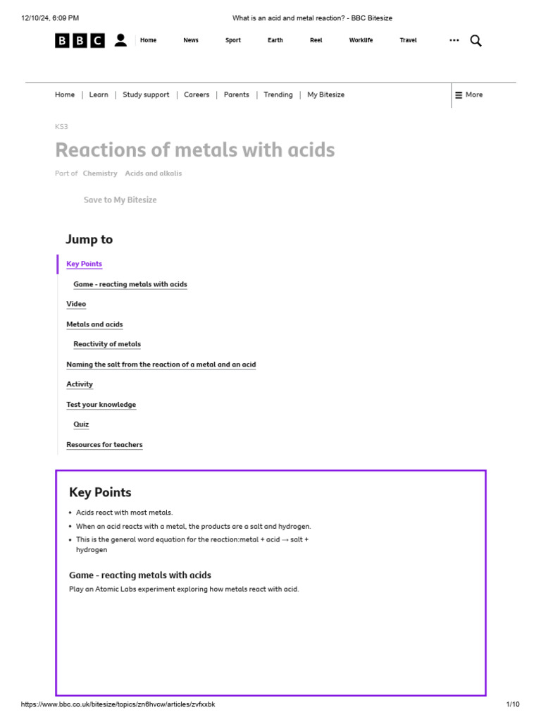 What Is An Acid and Metal Reaction - BBC Bitesize | PDF | Magnesium | Acid