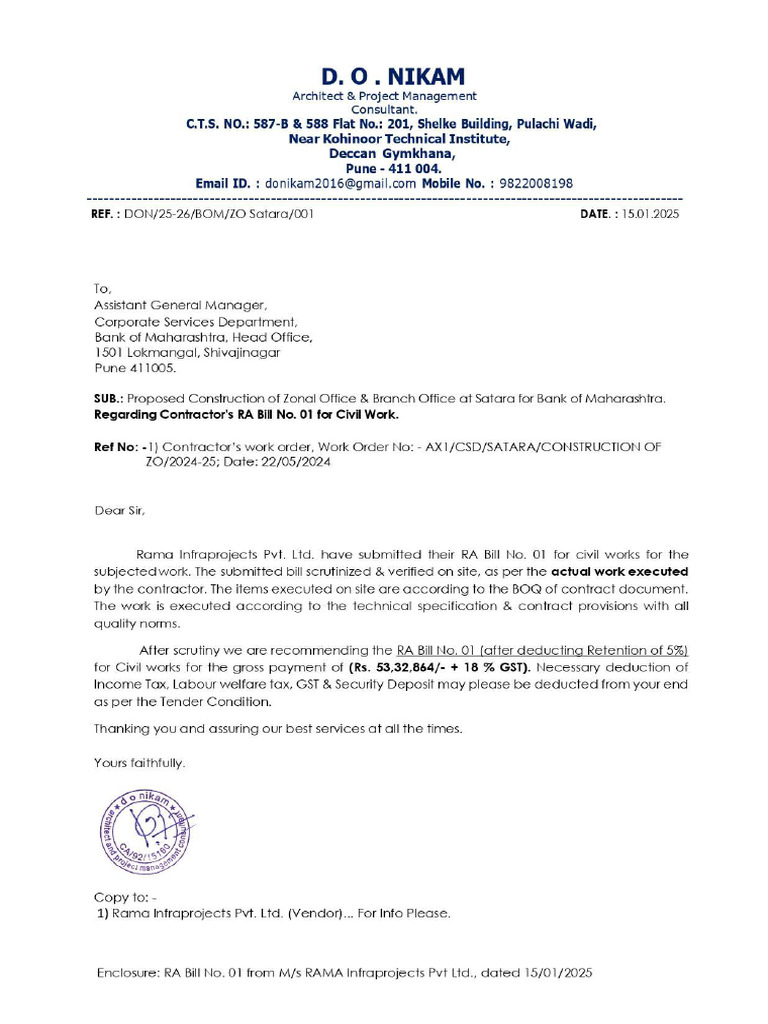 RA - Bill - 1 - Certificate (Architect) - Page-0001 | PDF