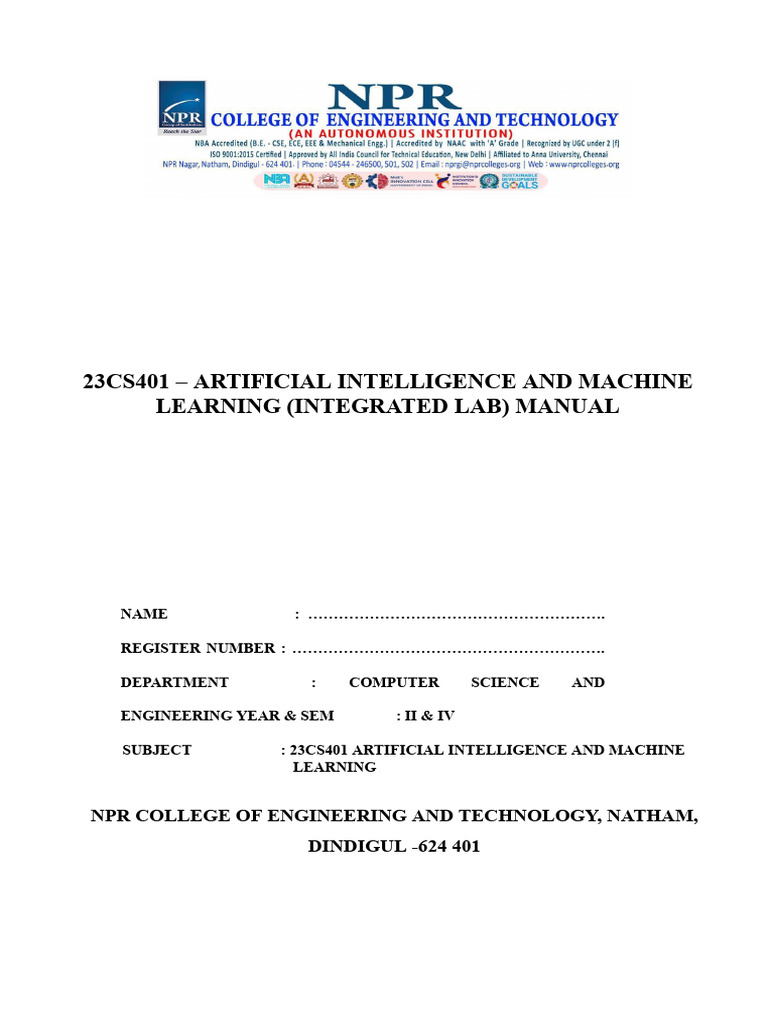 23CS401 Aiml Lab Manual PDF | PDF | Machine Learning | Vertex (Graph Theory)