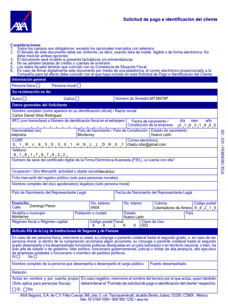 Axa Solicitud | PDF | Póliza de seguros | Seguro