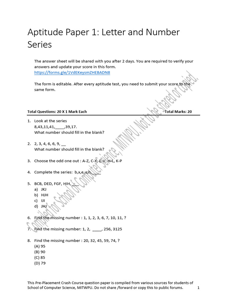 Aptitude Paper 1 - Letter and Number Series | PDF | Tests