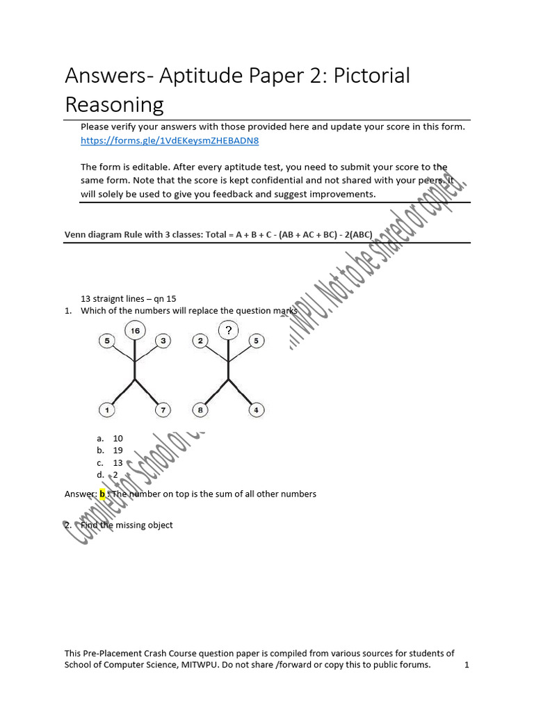 Answers - Aptitude Paper 2 - Pictorial Reasoning | PDF