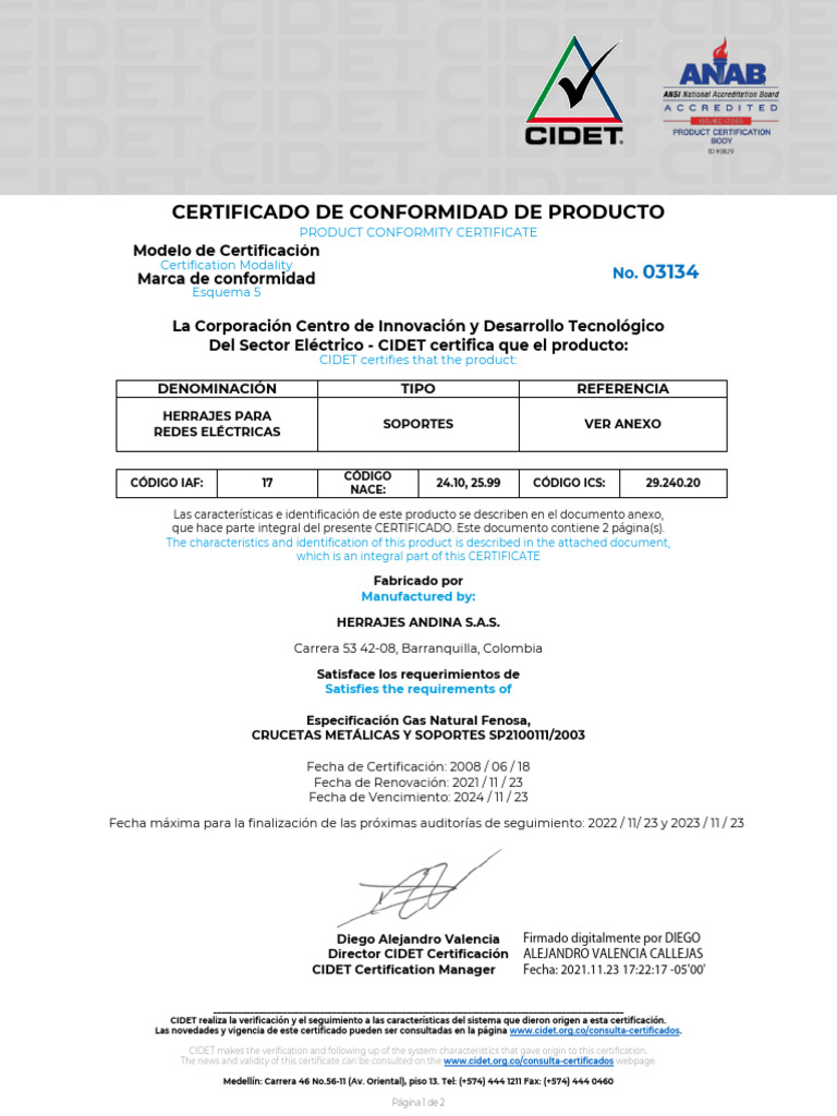 Certificado de Conformidad CIDET 2021 | PDF