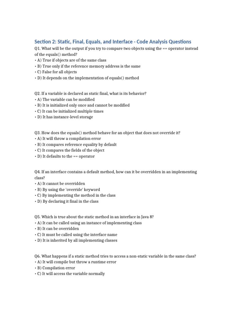 Section 2 Static Final Equals Interface Questions Pdf Method Computer Programming Class