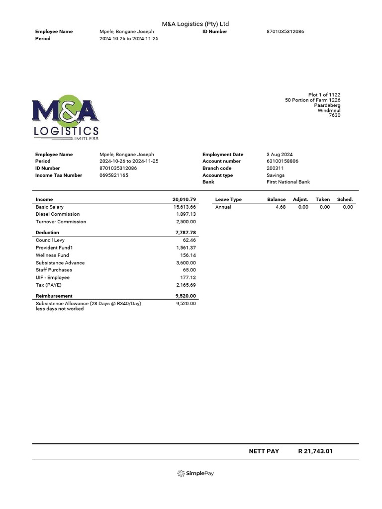 Employee Payslip for Mpele, Bongane Joseph | PDF | Taxes | Business