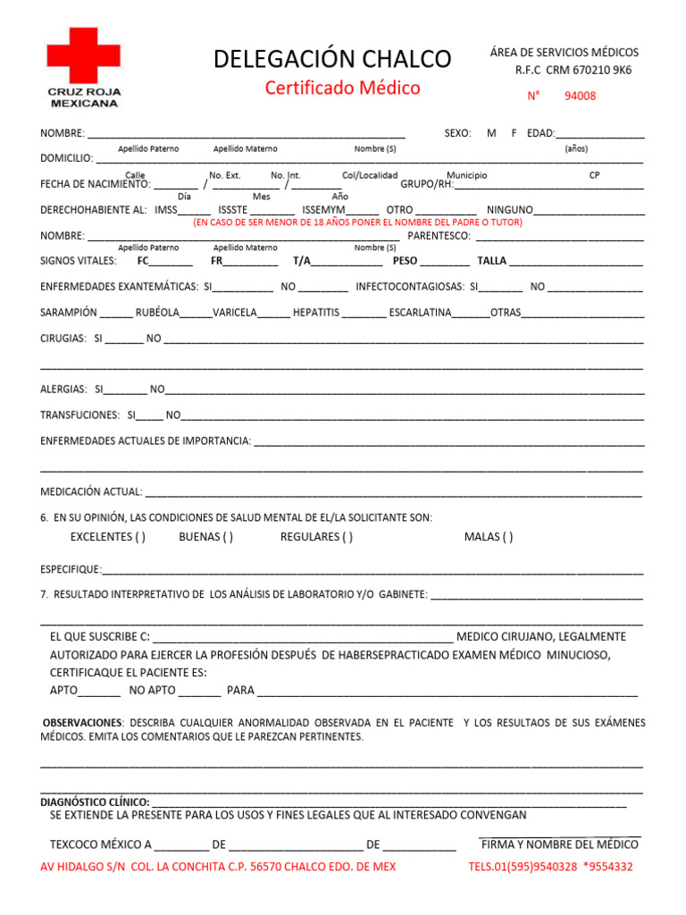 Certificado Medico Cruz Roja | PDF | Medicina CLINICA | Enfermedades y trastornos humanos