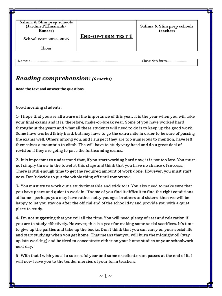 Full-Term Exam1 9th F PDF | PDF