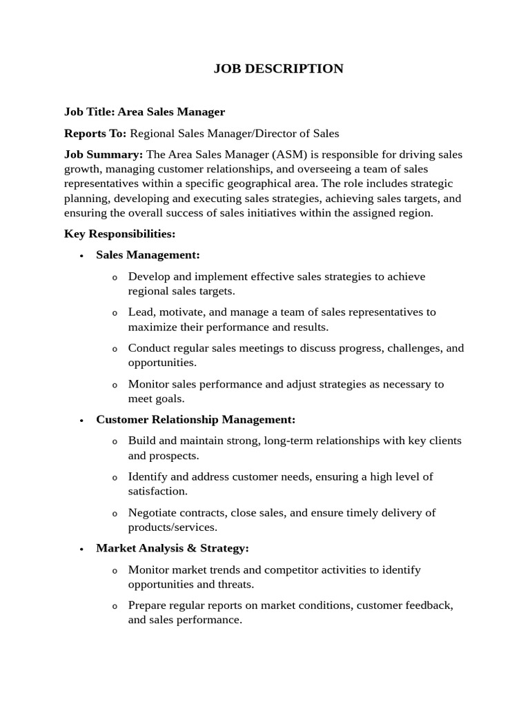 Area Sales Manager Job Description | PDF | Sales | Customer ...