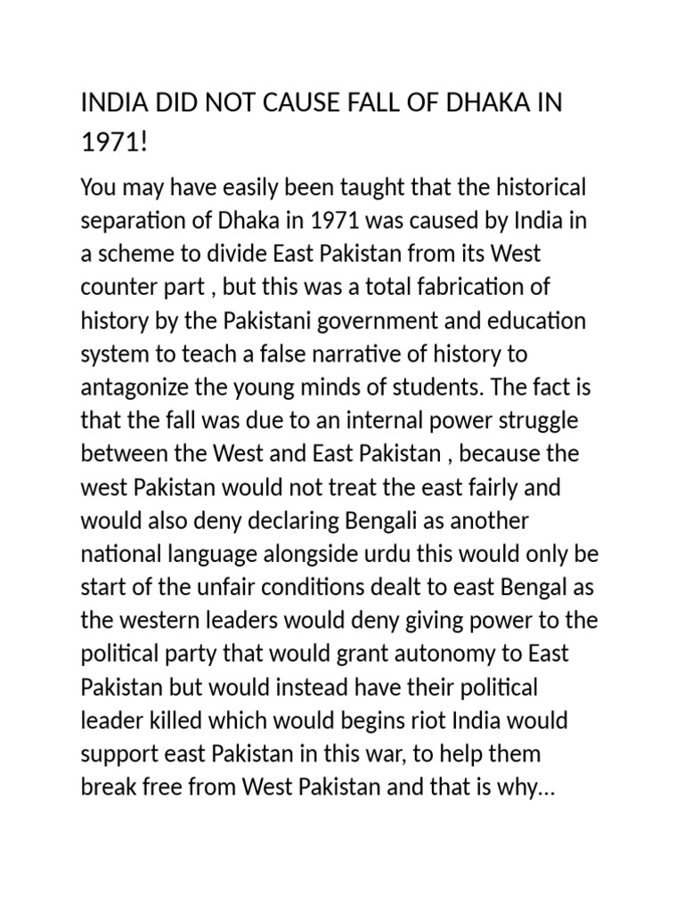 India Did Not Cause Fall of Dhaka in 1971 | PDF