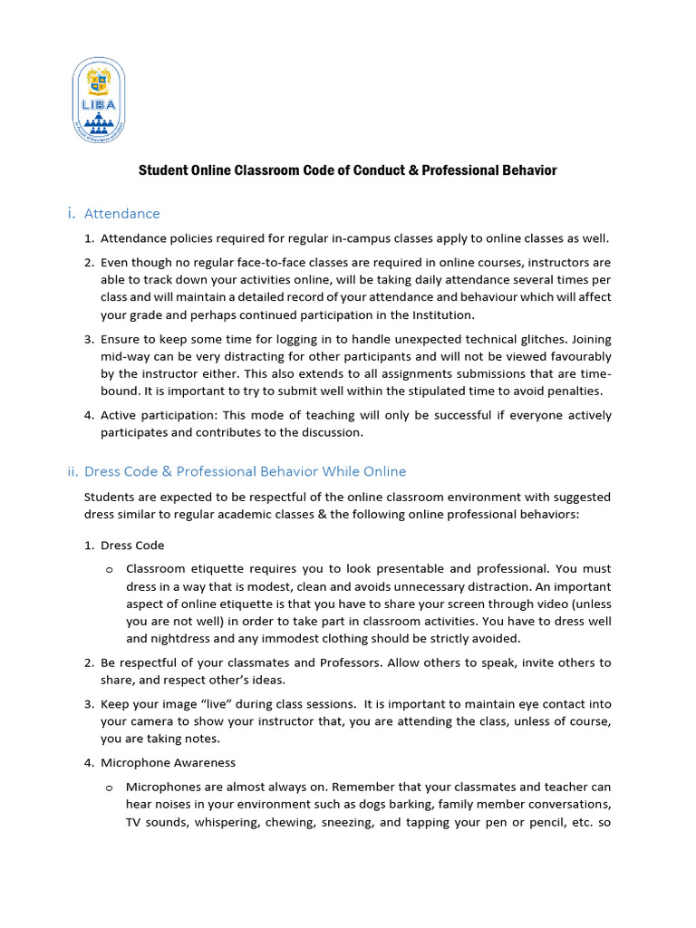 LIBA Student Online Classroom Code of Conduct Professional Behavior ...