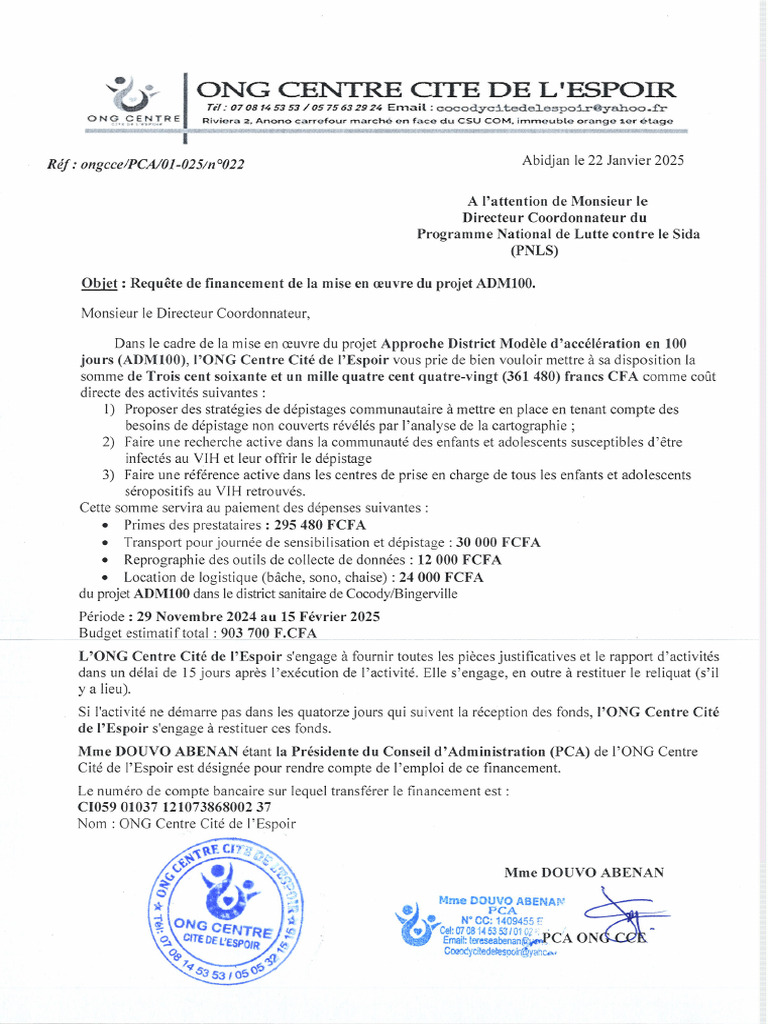 DEMANDE DE FINANCEMENT ONG CCE-Projet ADM100 - Janv 2025 | PDF