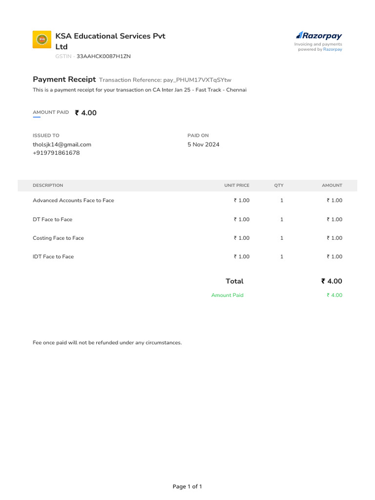 Payment Receipt for CA Inter Course | PDF