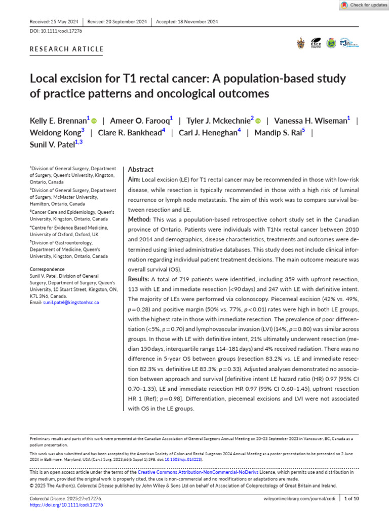 Colorectal Disease - 2025 - Brennan - Local Excision for T1 Rectal ...
