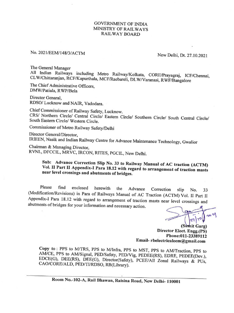 Advance Correction Slip No. 33 to Railway Manual of AC Traction (ACTM) Vol-II Part II Appendix ...