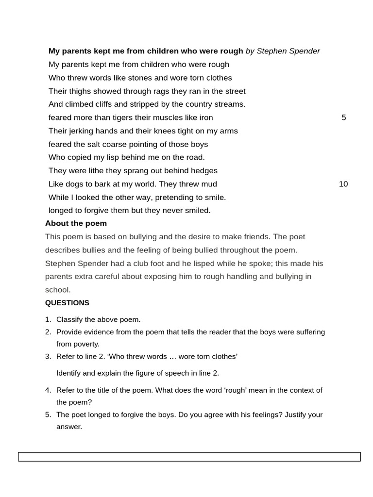Spender's "My Parents" Analysis | PDF