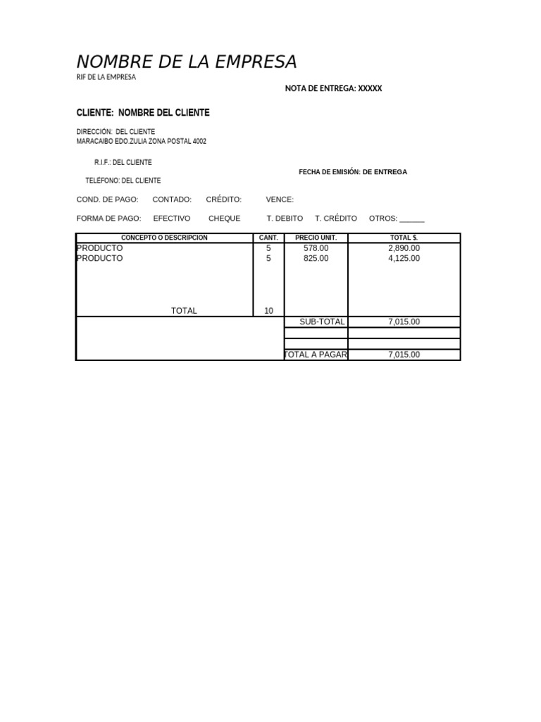 Nota de Entrega Modelo | PDF