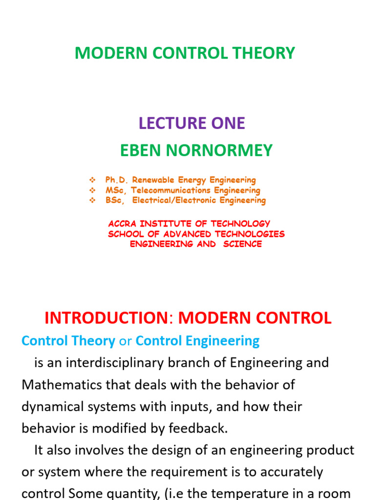 1 - Introduction To Modern Control Lecture 1 | PDF | Control Theory ...