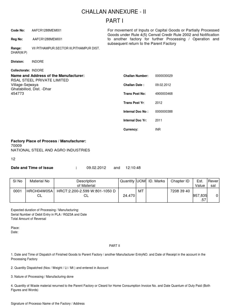 Cenvat Credit Challan Annexure II | PDF | Law