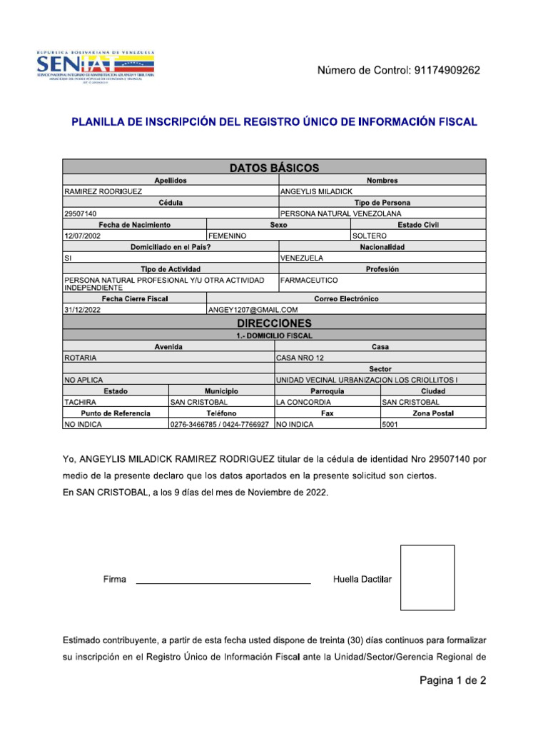PLANILLA DE INSCRIPCION RIF ANGELYS | PDF